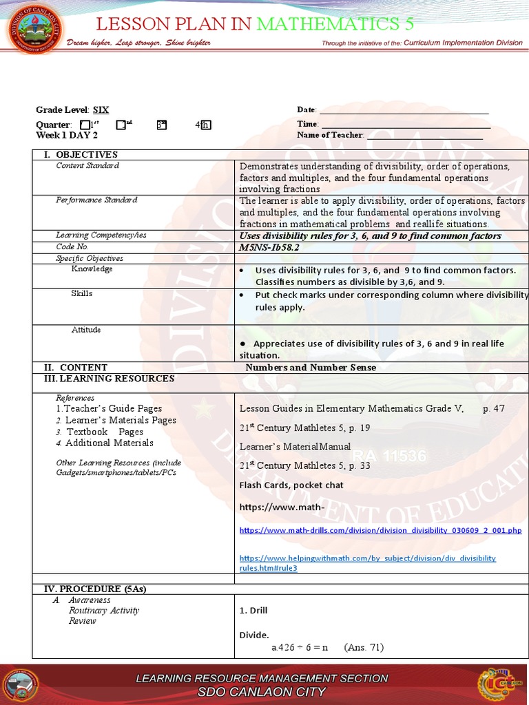 Math5 Q1 Week1 Day2 | PDF | Numbers | Cognition