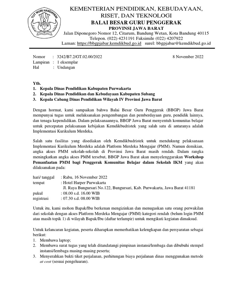 Surat Undangan Workshop PMM - Purwakarta - Subang | PDF