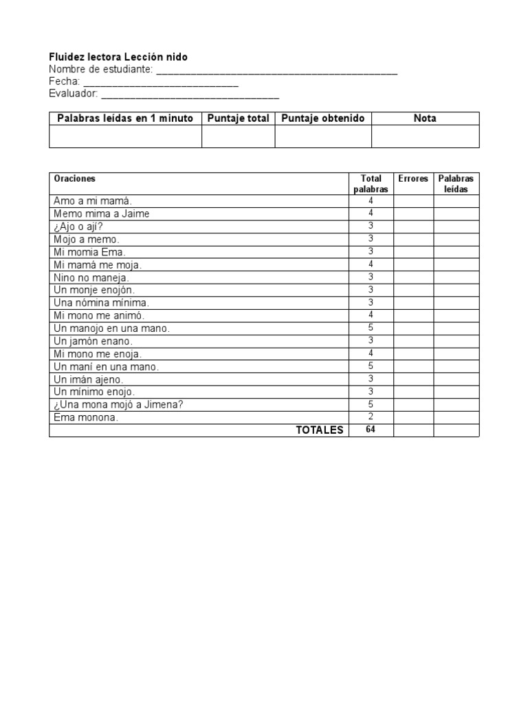 Fluidez Lectora Lección Nido | PDF