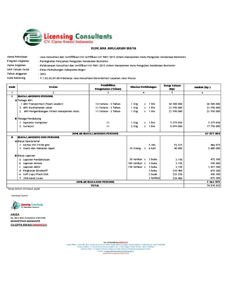 RAB Konsultasi Sertifikasi ISO 9001 | PDF
