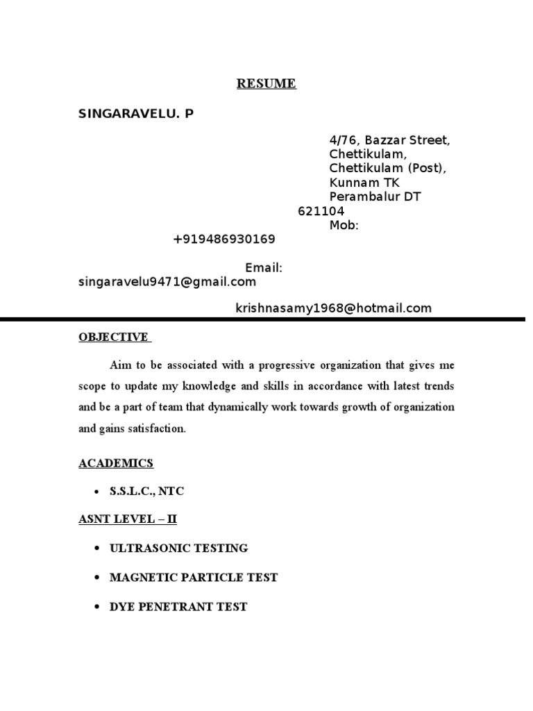 Resume: Singaravelu. P | PDF