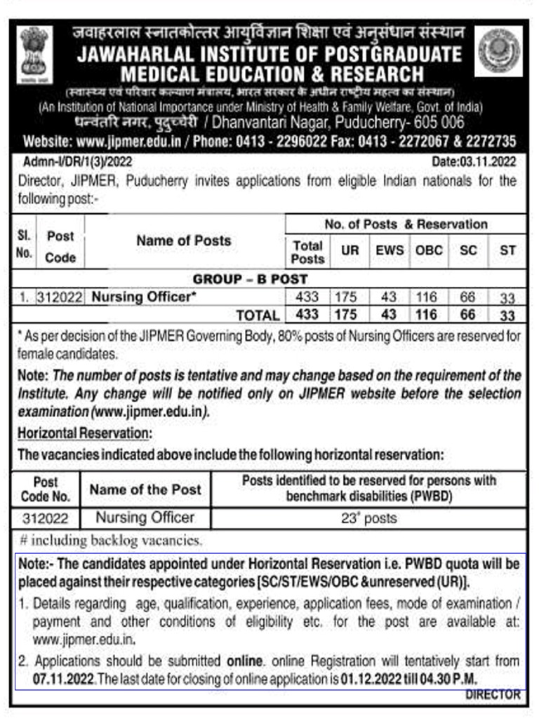 Notification JIPMER Nursing Officer Vacancy | PDF