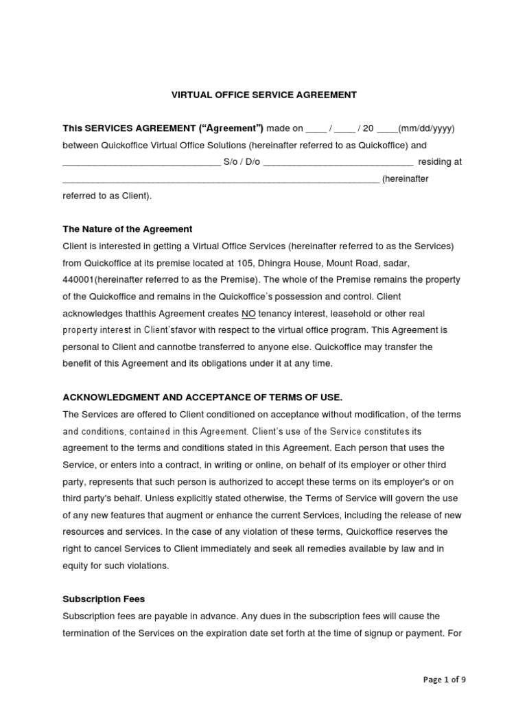 Virtual Office Service Agreement Template | PDF | Mail | Fee