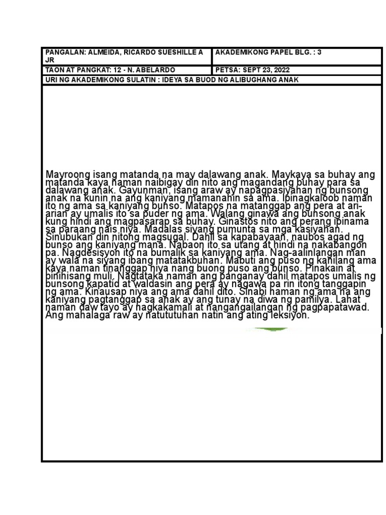 Buod NG Aligbuahang Anak | PDF