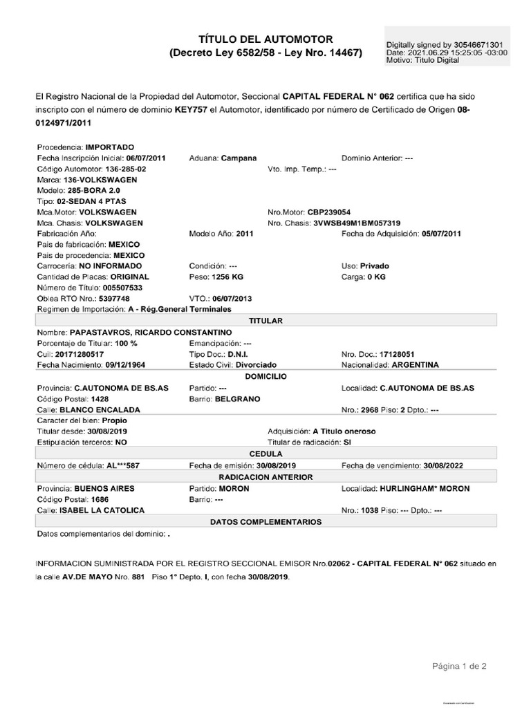Titulo Del Automotor | PDF