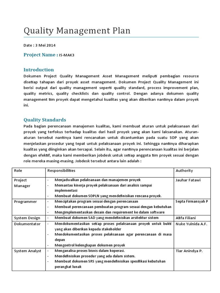 Quality Management Plan | PDF