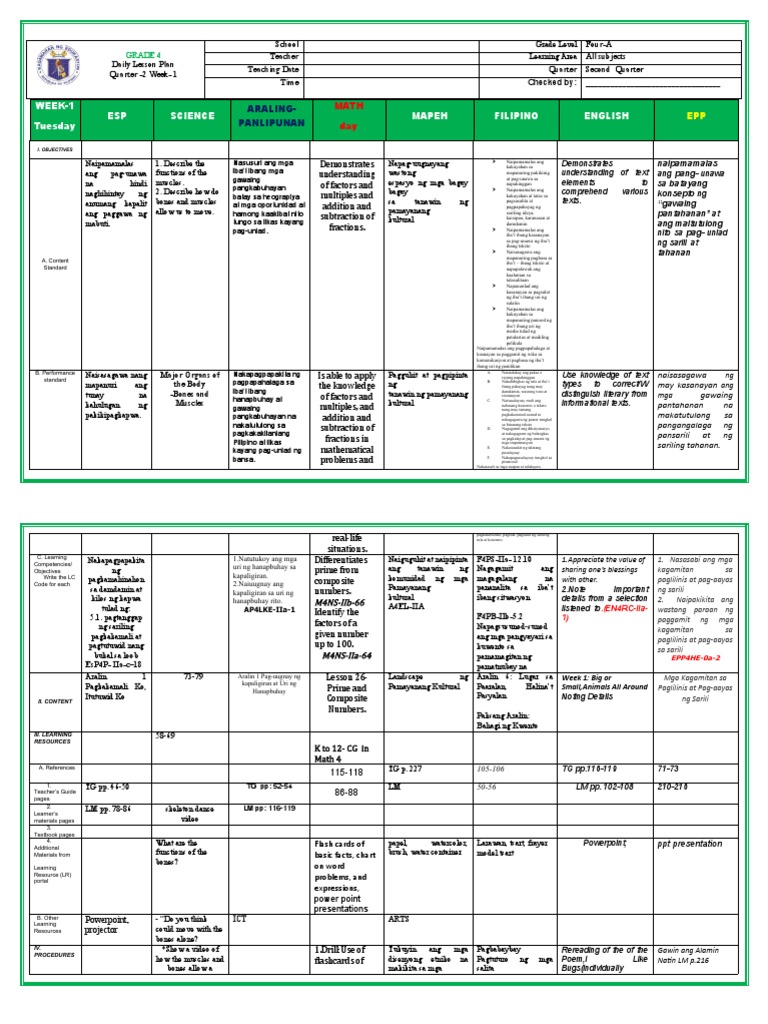 Grade 4 DLP Quarter 2 Week 1 Day 2 para Sa Araw NG Martes Sir Mickey | PDF