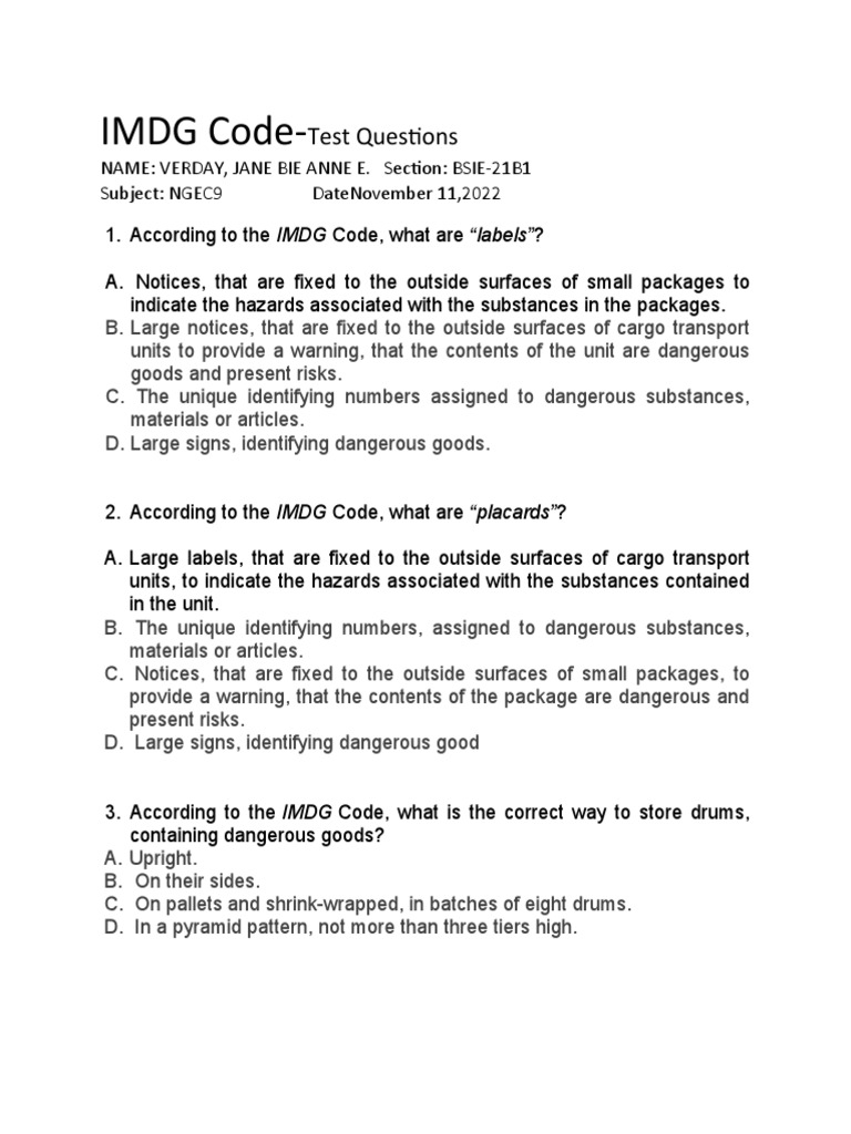 VERDAY-IMDG Code Test Questions | Download Free PDF | Dangerous Goods ...
