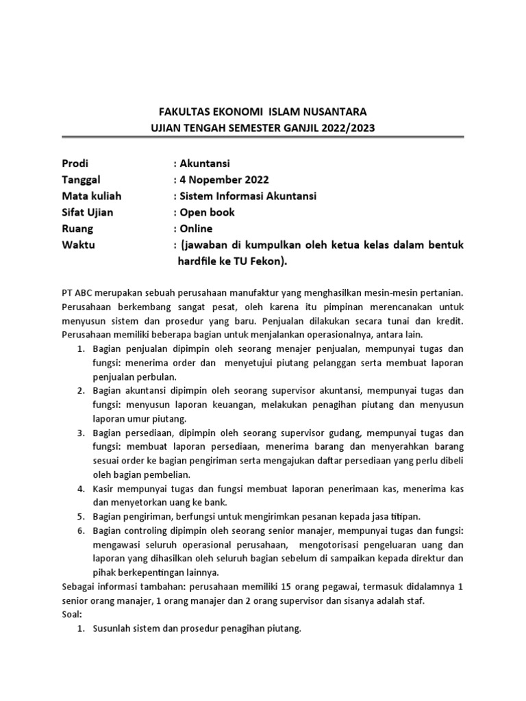 Soal UTS SIA 1 Tahun 2022-2023-1 | PDF