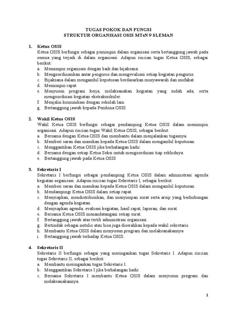 Tugas Pokok Dan Fungsi Struktur Organiasi Osis | PDF