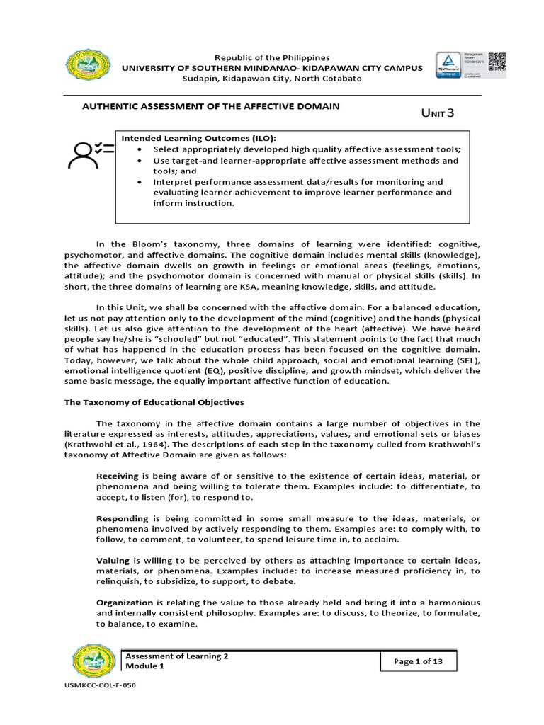 ProfEd311 - Unit 3 - Authentic Assessment of The Affective Domain | PDF | Self Efficacy | Self ...