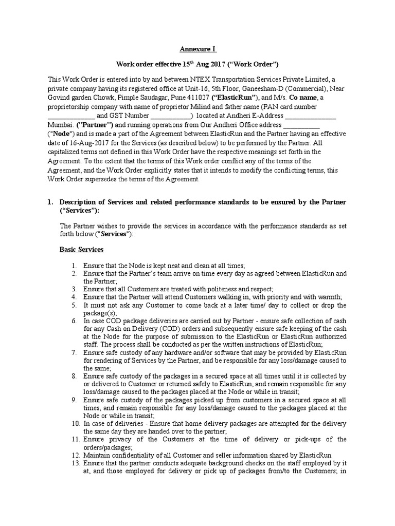 Work order for transportation and delivery services | PDF | Receipt ...