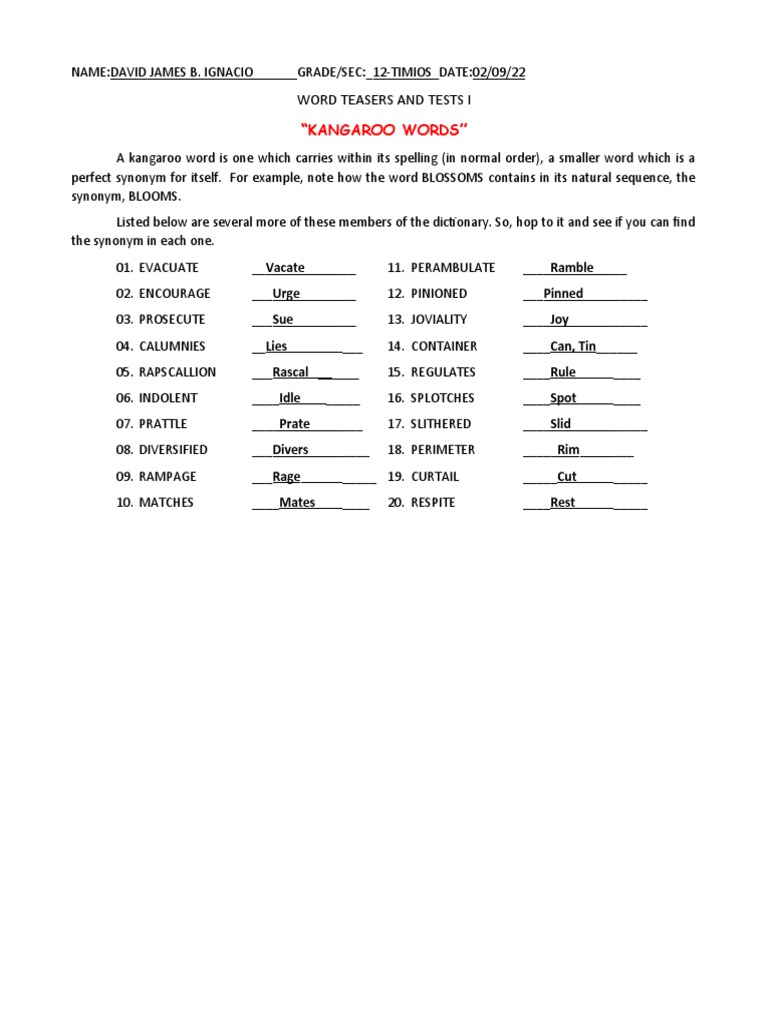 Word Teasers & Tests I - Kangaroo Words (David James B. Ignacio) | PDF ...