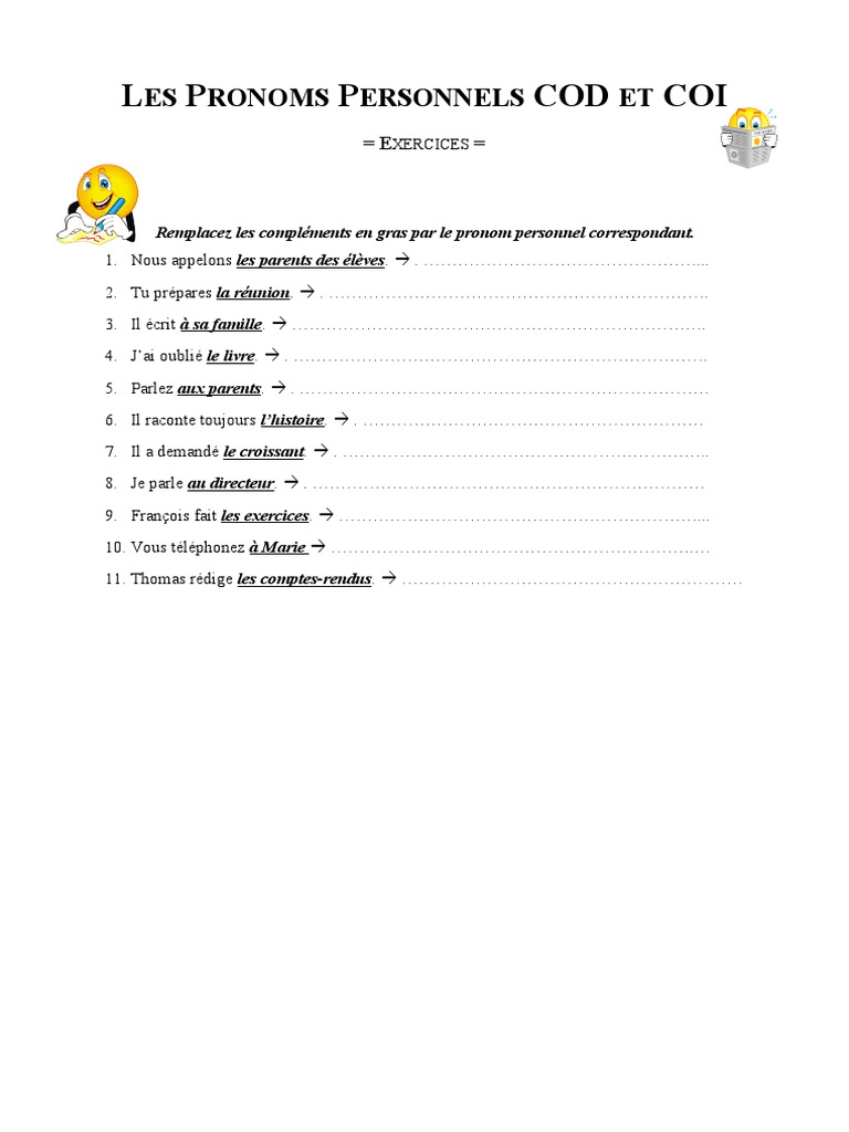 DEBUTANTS Pronoms Personnels Cod Et Coi Exercice | PDF