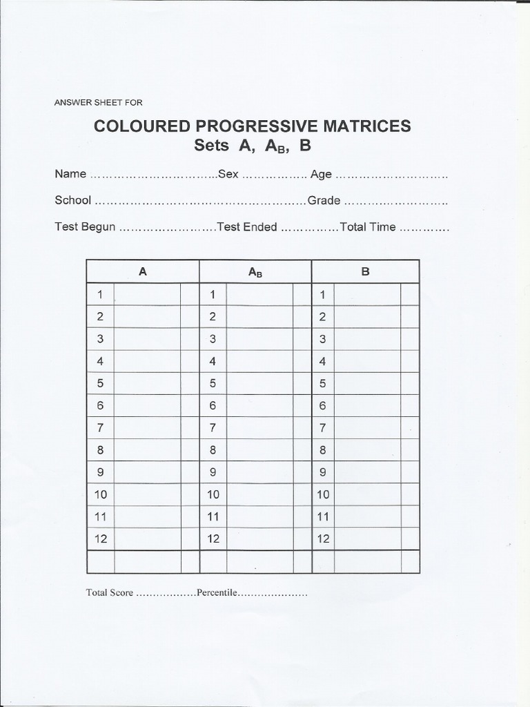 Coloured Progressive Matrices (Score Sheet) | PDF