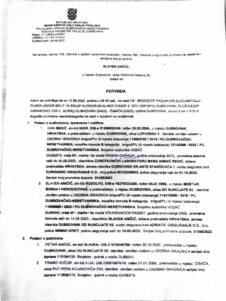 Potvrda o Prometnoj Nesreći Od Mup-A | PDF