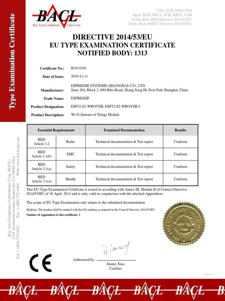 ESP32-S2 CE Certification Details | PDF | Regulation
