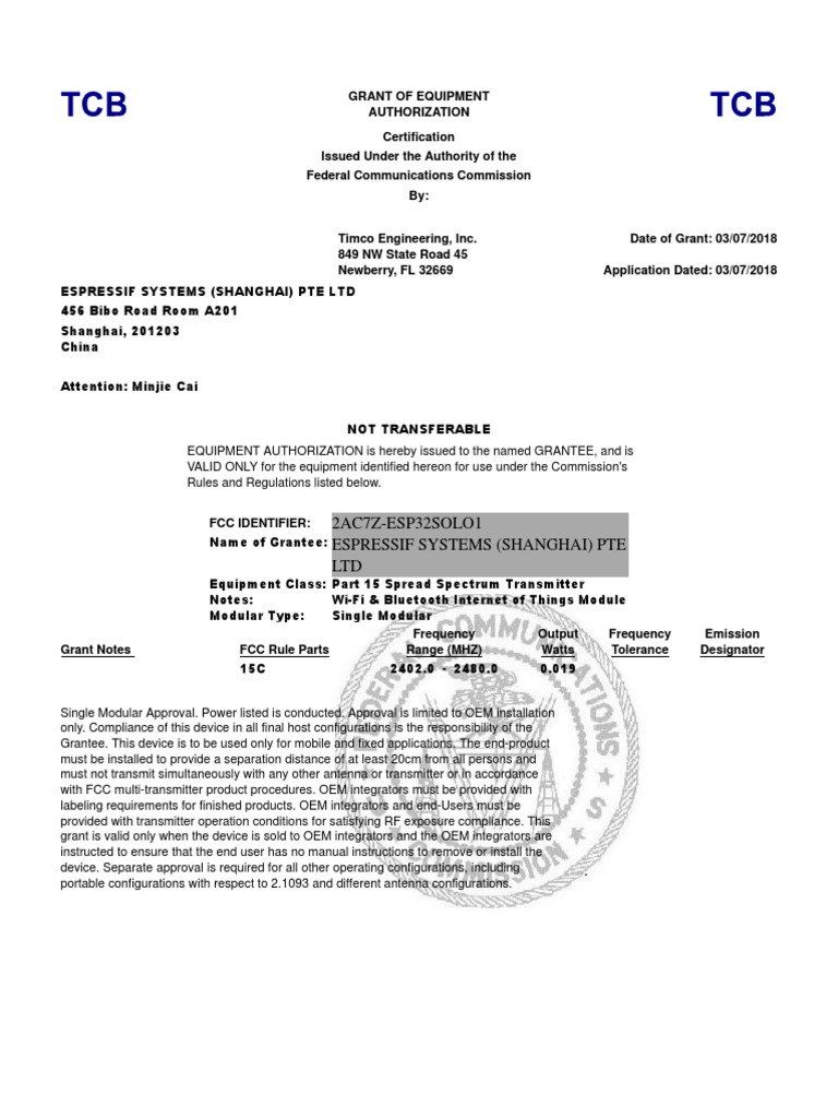 Esp32 Solo 1 Fcc Bt Certificate Pdf Transmitter Federal Communications Commission