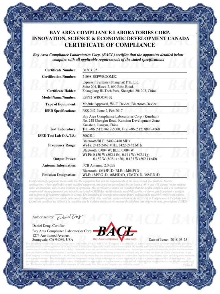 ESP32-WROOM-32 Compliance Certificate | PDF | Ieee 802.11 | Wi Fi