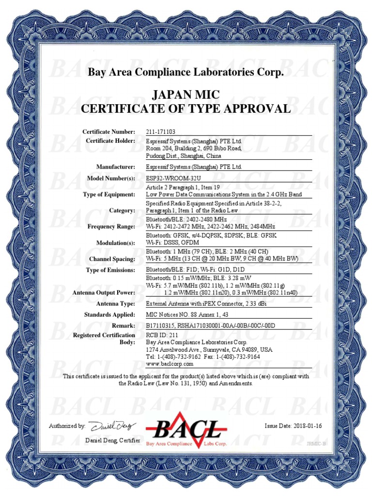 Esp32 Wroom 32u Mic Certificate | PDF | Ieee 802.11 | Wi Fi
