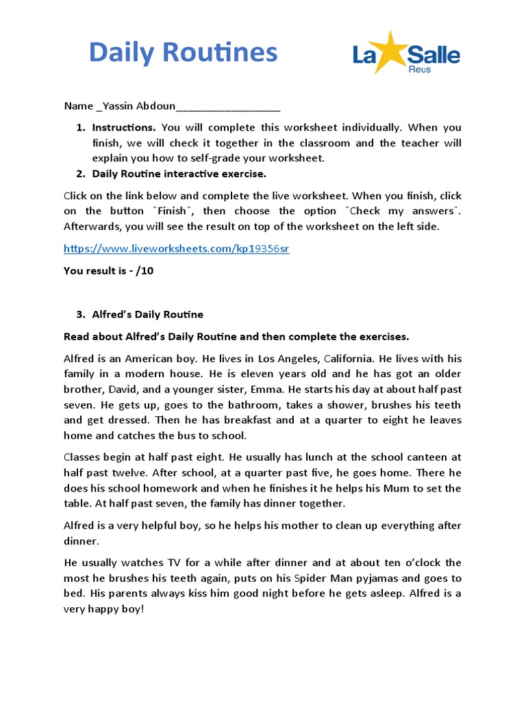 Alfred's Daily Routine Worksheet | PDF | Linguistics