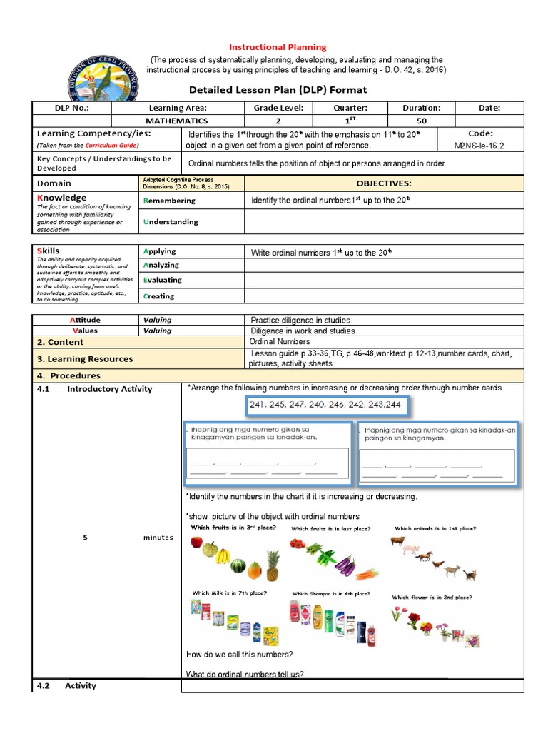 Grade 2 Ordinal Numbers Lesson Plan | PDF | Learning | Knowledge