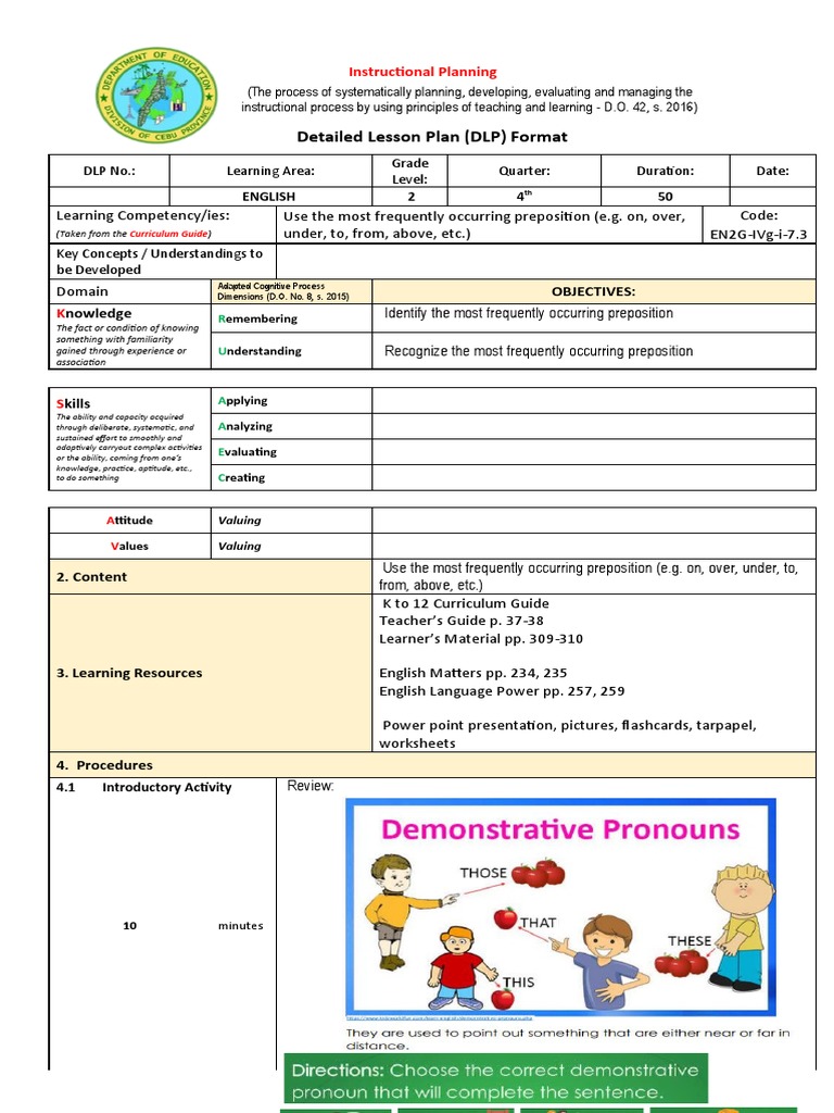 Grade 2 Preposition Lesson Plan | PDF | Learning | Curriculum