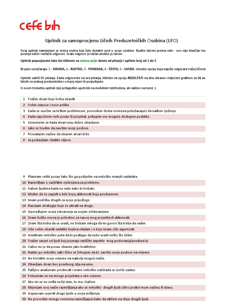 Upitnik Za Samoprocjenu LPO (Muhamed Talic) | PDF
