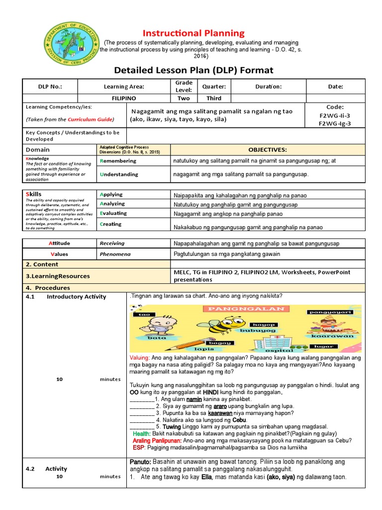 Grade2 DLP q3 Filipino 2 Pangahlip Na Panao | PDF