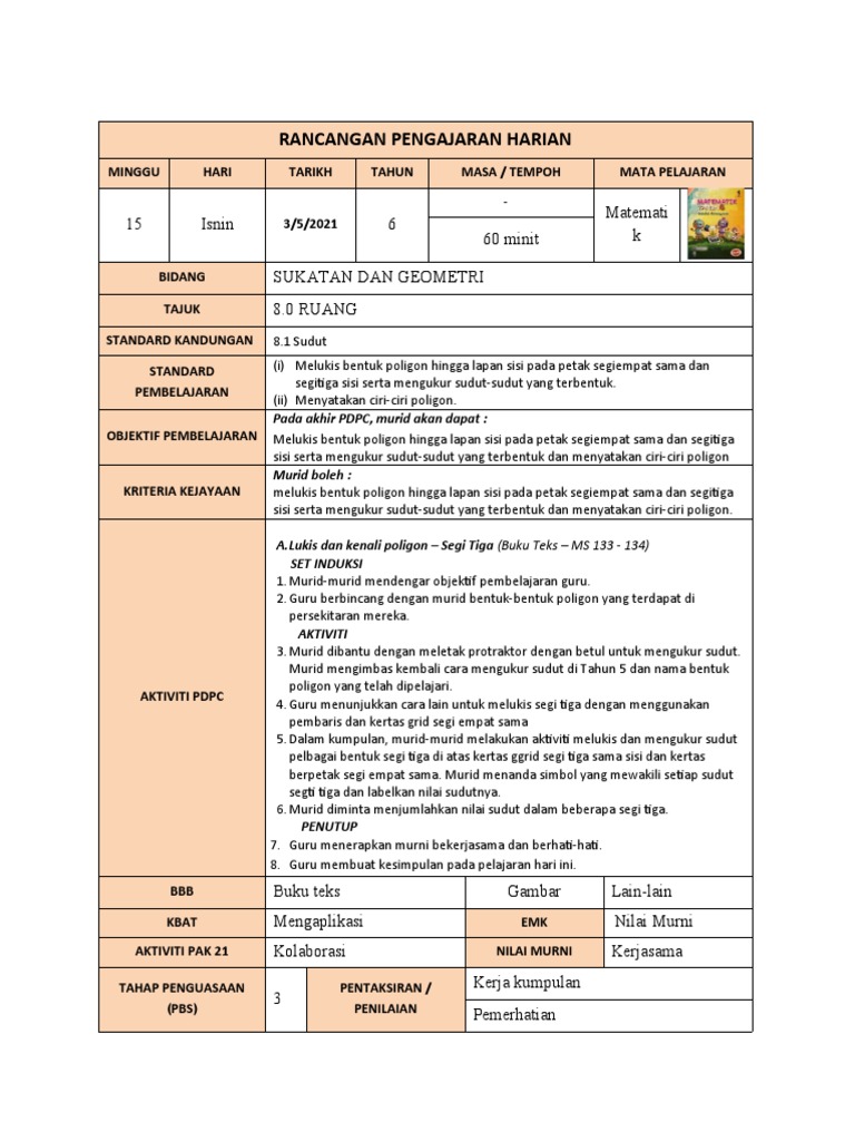 Rancangan Pengajaran Harian: 15 Isnin 6 Matemati K 60 Minit Sukatan Dan Geometri 8.0 RUANG | PDF