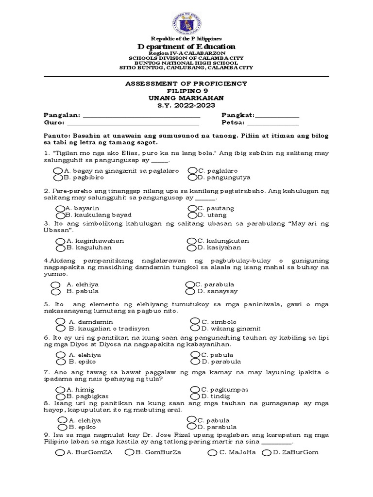ASSESSMENT g9 Filipino | PDF