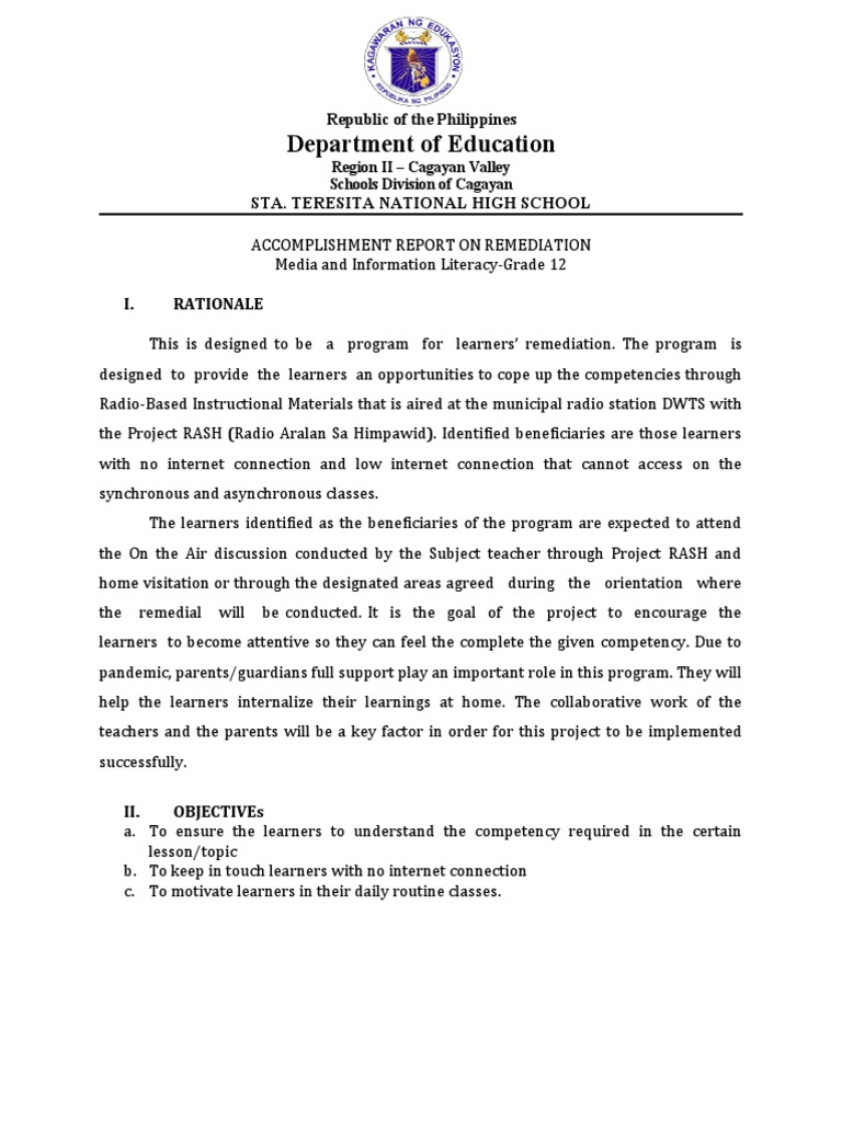 Accomplishment Report On Remediation | PDF | Learning | Teachers