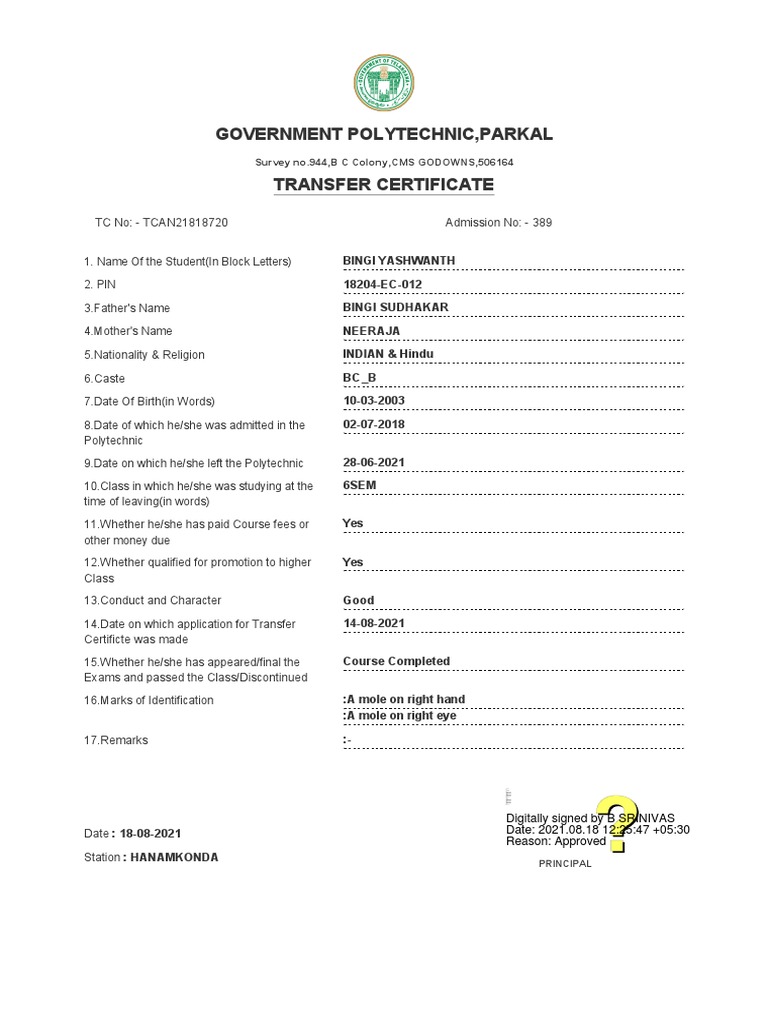 Government Polytechnic Transfer Certificate | PDF | Educational Stages