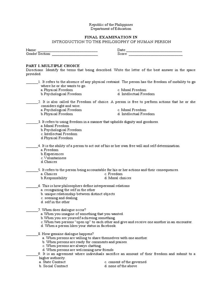 Philo Final Exam Quarter 2 | PDF | Society | Free Will