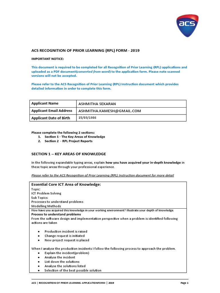 Ashmitha - ACS Recognition of Prior Learning (RPL) Form | PDF ...