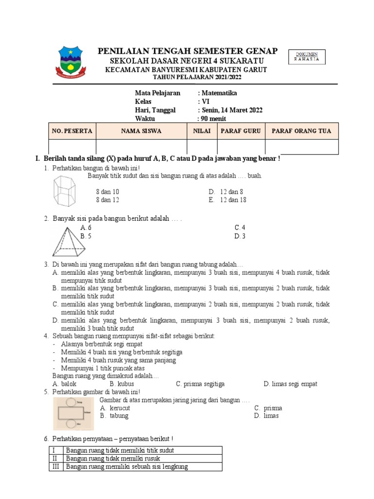 Soal PTS Genap Matematika Kelas Vi Tahun Pelajaran 2020-2021 | PDF | Metode & Bahan Ajar