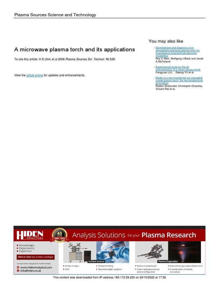 Uhm 2006 Plasma Sources Sci. Technol. 15 S26 | PDF | Carbon Nanotube | Gas Chromatography