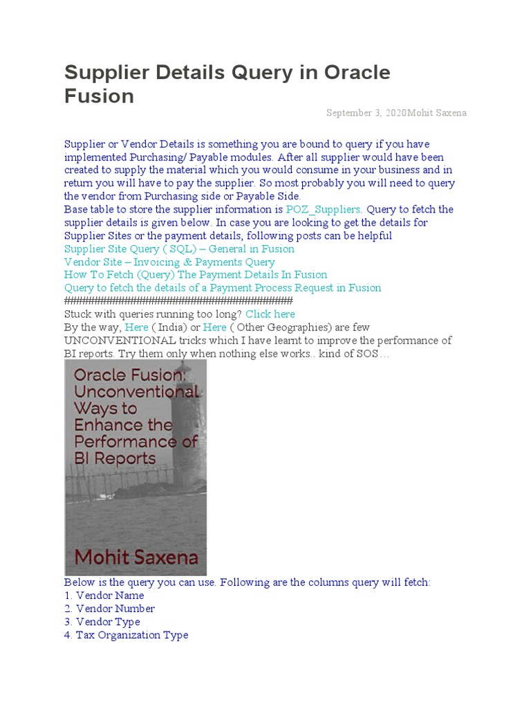 Supplier Details Query in Oracle Fusion | PDF | Accounts Payable | Computing