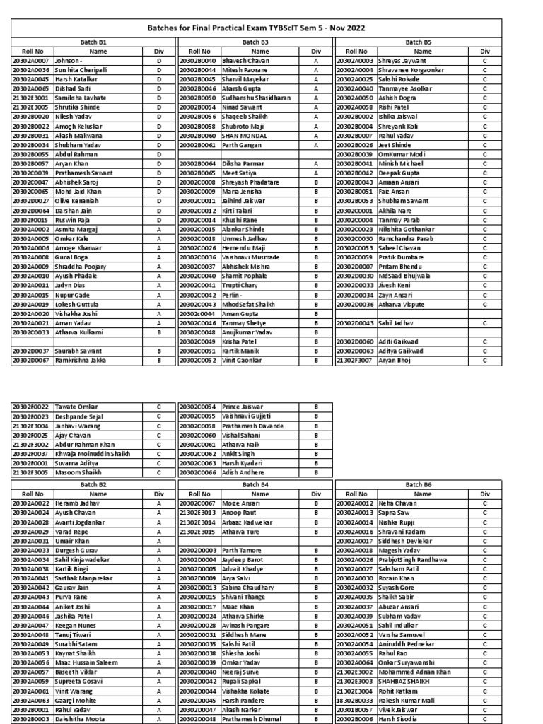 TYIT Sem 5 Final Pract Exam Batches | PDF