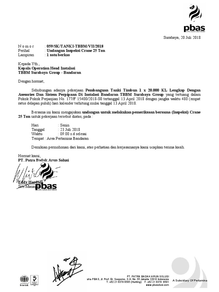 Undangan Inspeksi Crane 25 Ton TBBM | PDF