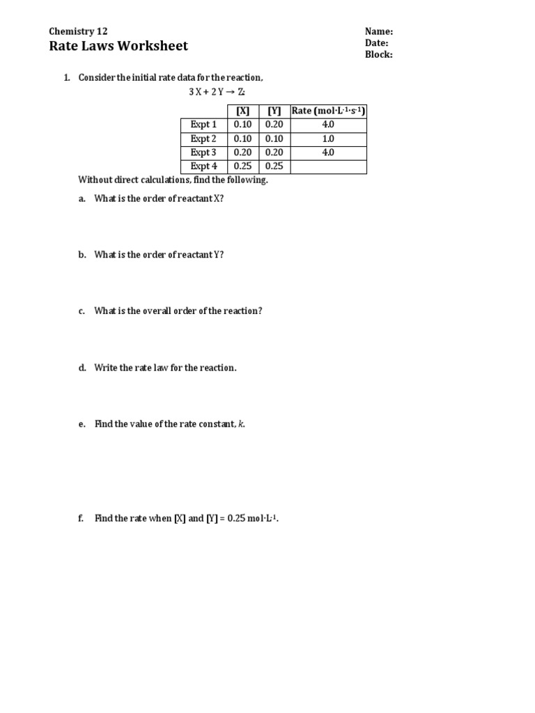 Rate Law Analysis Worksheet | PDF | Chlorine | Materials