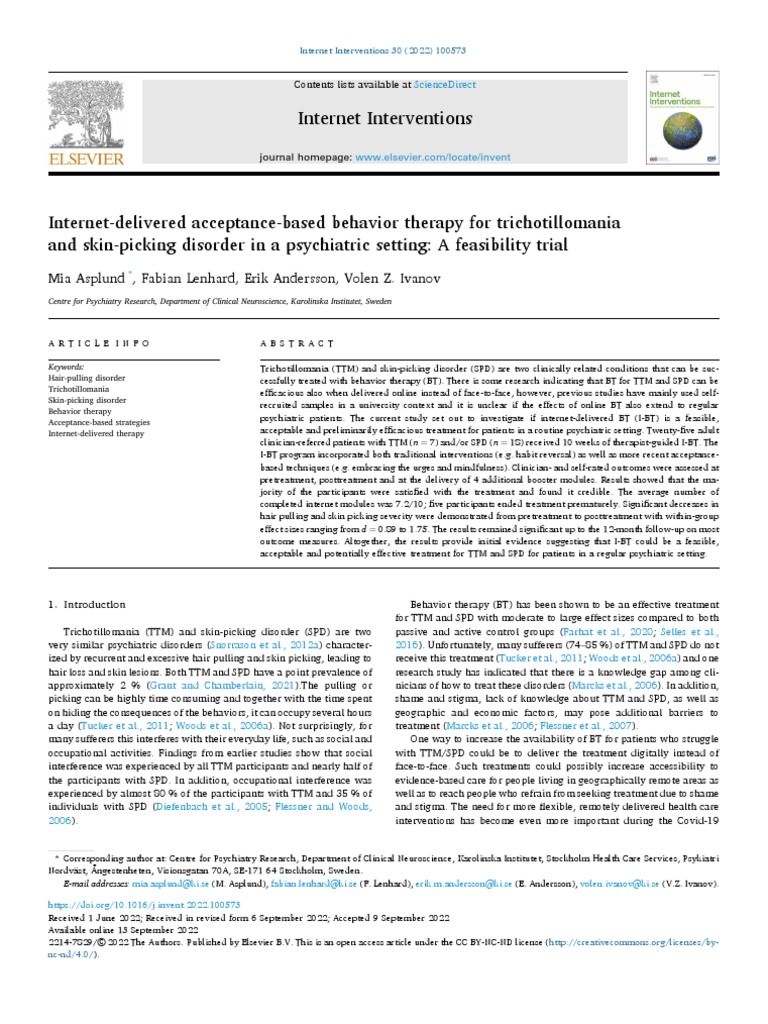 Internet Delivered Acceptance Based Behavior Therapy For Tric 2022 Internet | PDF | Mental ...