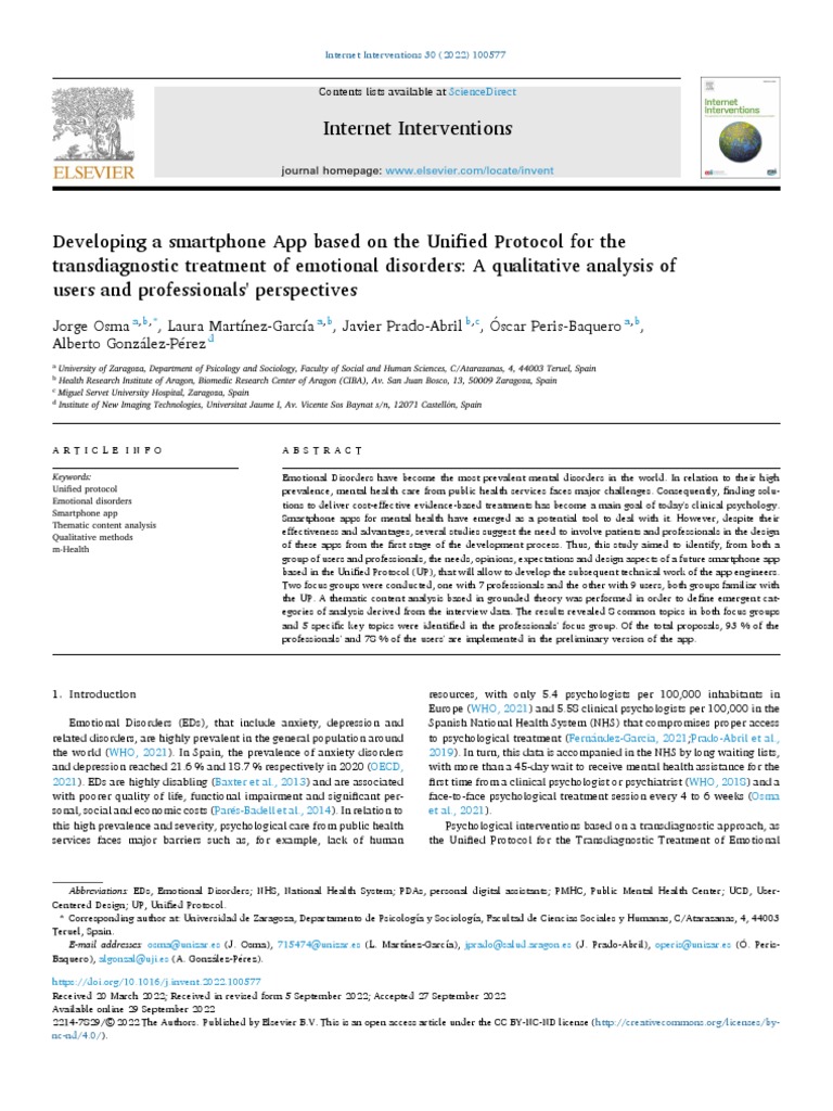 Developing A Smartphone App Based On The Unified Protocol For T 2022 Interne | PDF | Focus Group ...