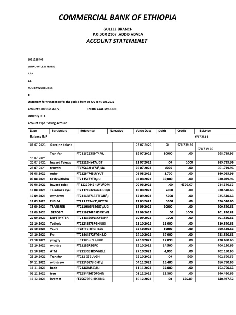 CBE Account Statement Overview | PDF | Banks | Services (Economics)
