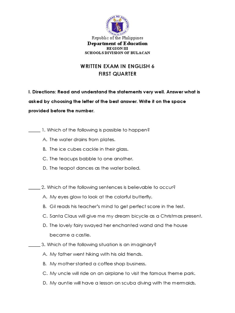 Written Test in English 6 | PDF | Sun | Dragonfly