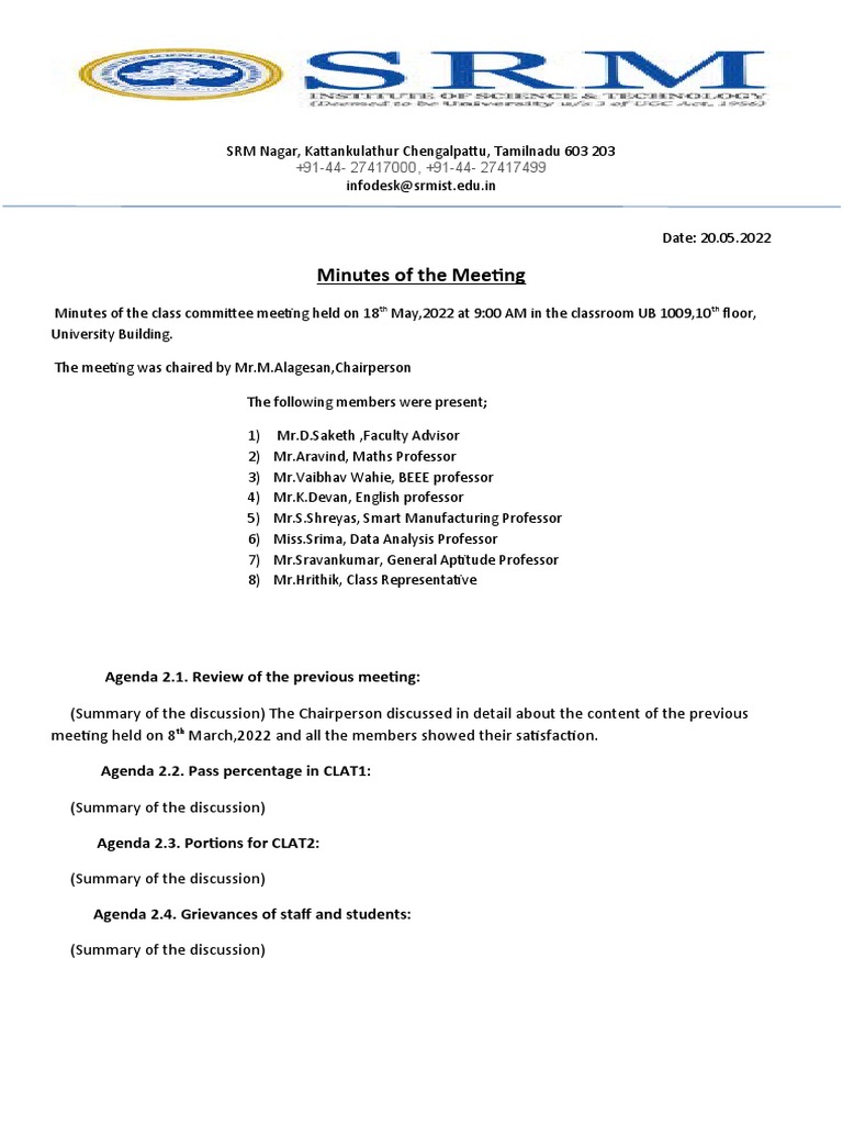 Minutes of the Class Committee Meeting at SRM University Discussing ...