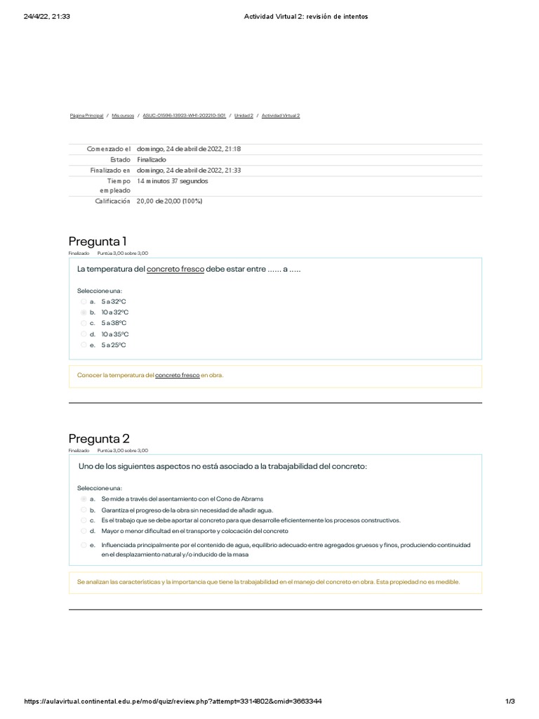 Actividad Virtual 2 - Revisión de Intentos | PDF | Hormigón | Materiales de construcción