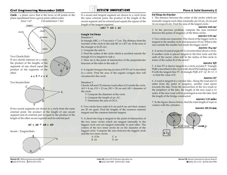CE Board Nov 2020 - Plane and Solid Geometry - Set 2 | PDF | Circle | Area