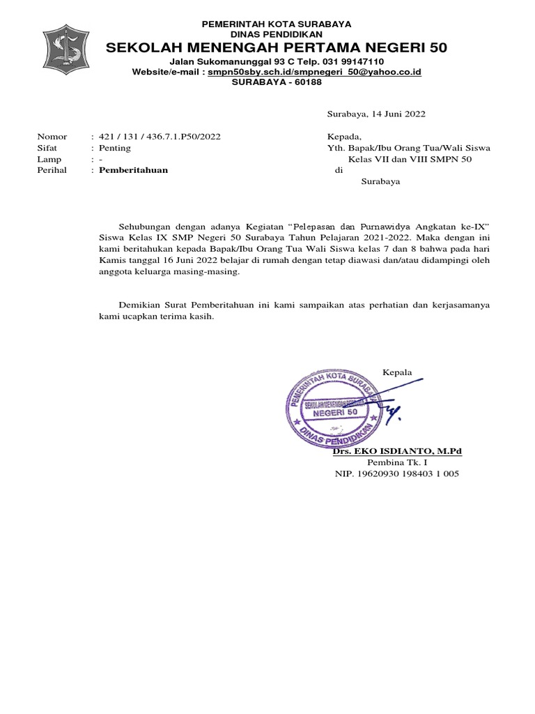 Surat Pemberitahuan Libur | PDF