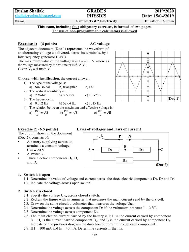 Sample Test 2 Electricity | PDF | Voltage | Electrical Network